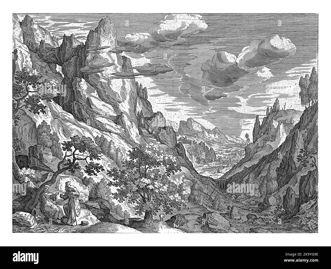 A mountain landscape. On the right is Christ accompanied by the devil ...