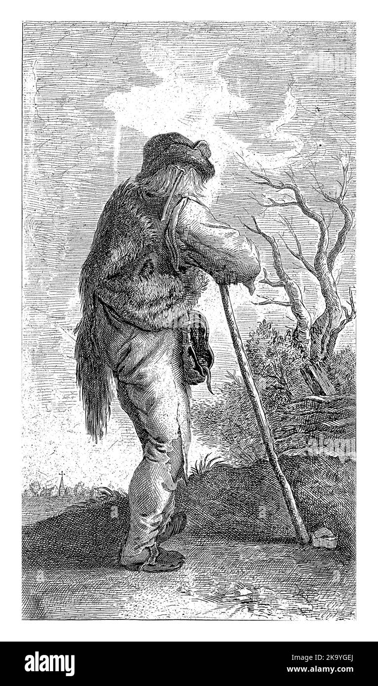 A poor man seen from behind, leaning on a stick. Below the performance ...