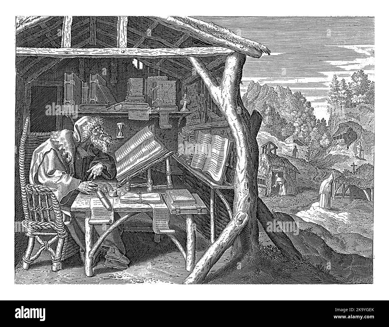 St. Evagrius Ponticus as a hermit in a hut. He is sitting at his ...