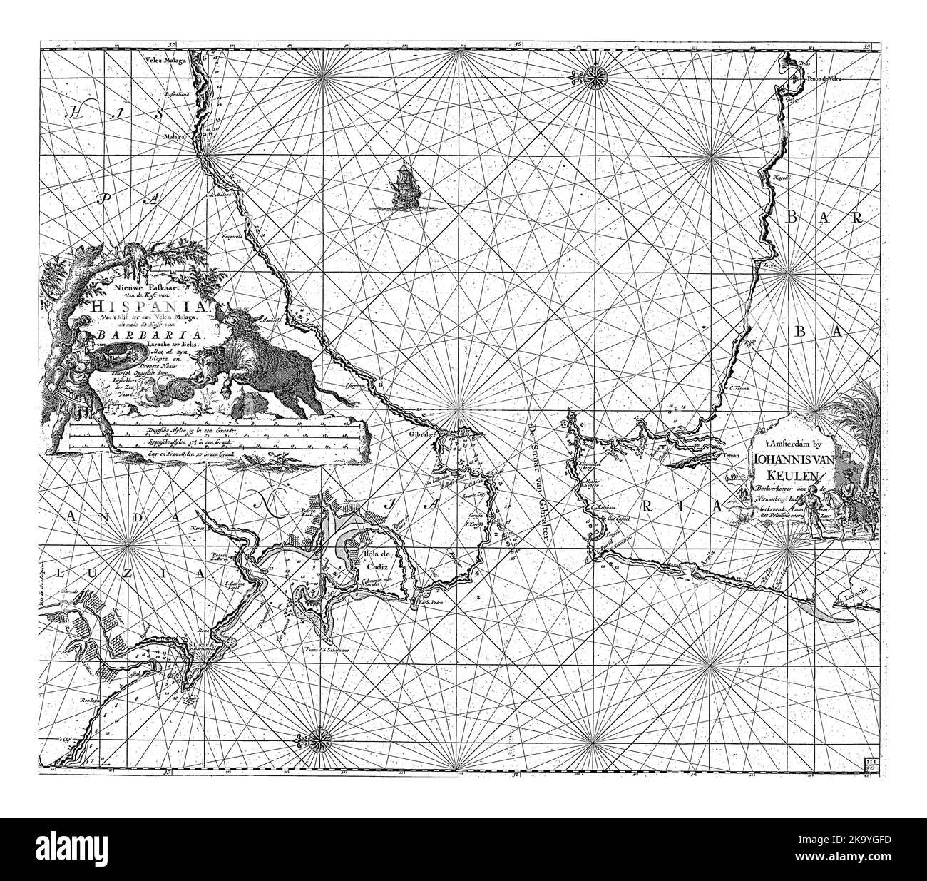 Map of the Strait of Gibraltar, with two compass roses, North is on the ...