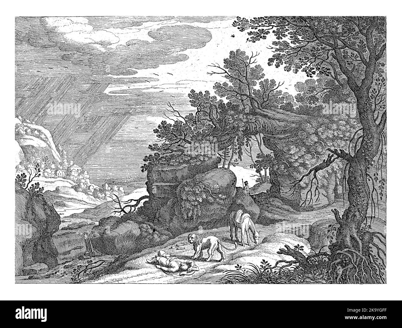 The dead man of God from Judah on the road. Next to him are the lion ...