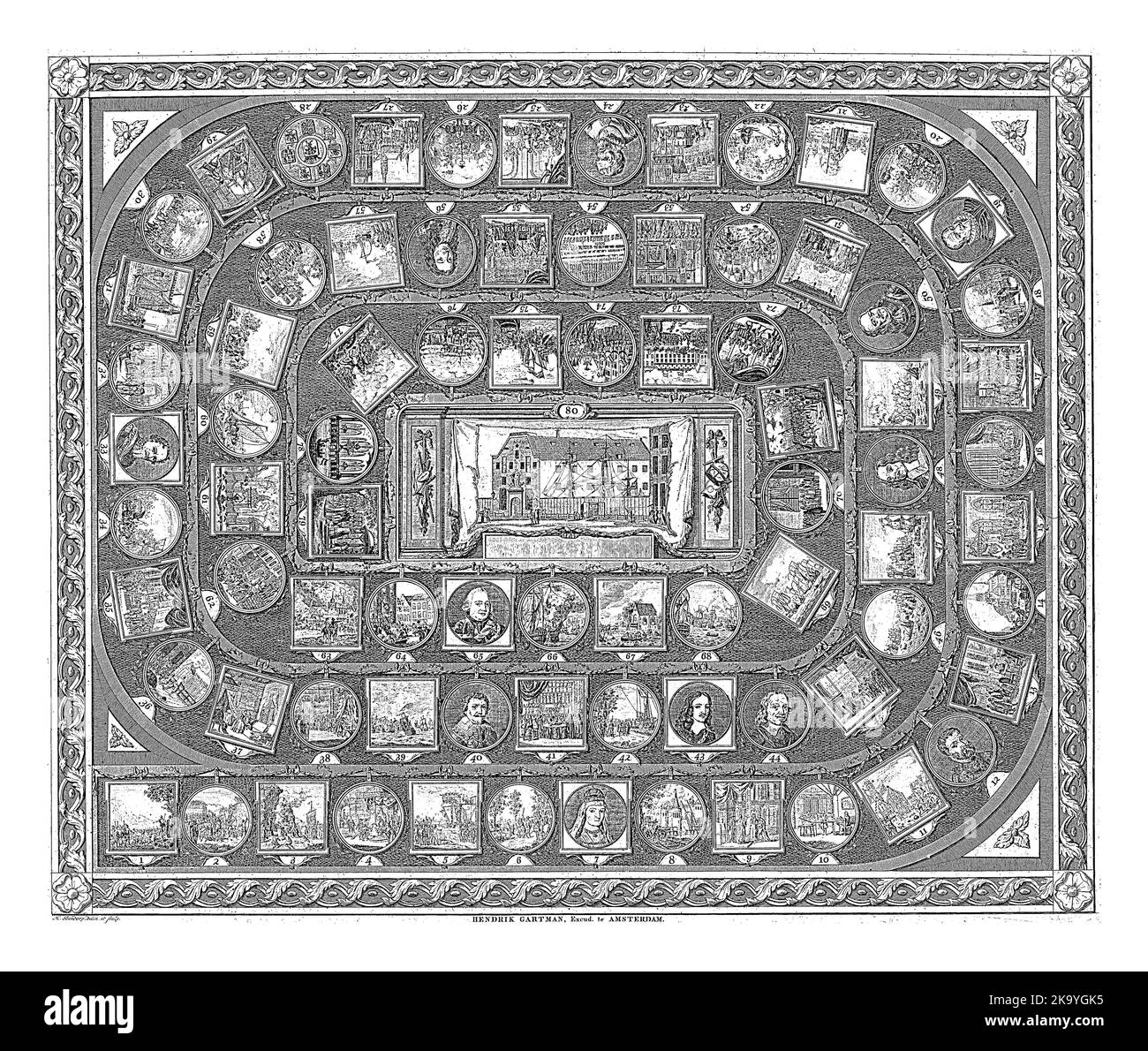 Board game about the national history. Goose board with 80 numbered ...