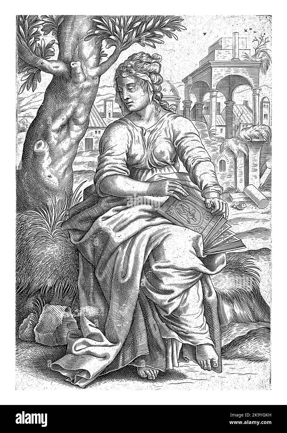 The Sibyl of Cumae with a book in her lap, sitting under a tree. In the ...