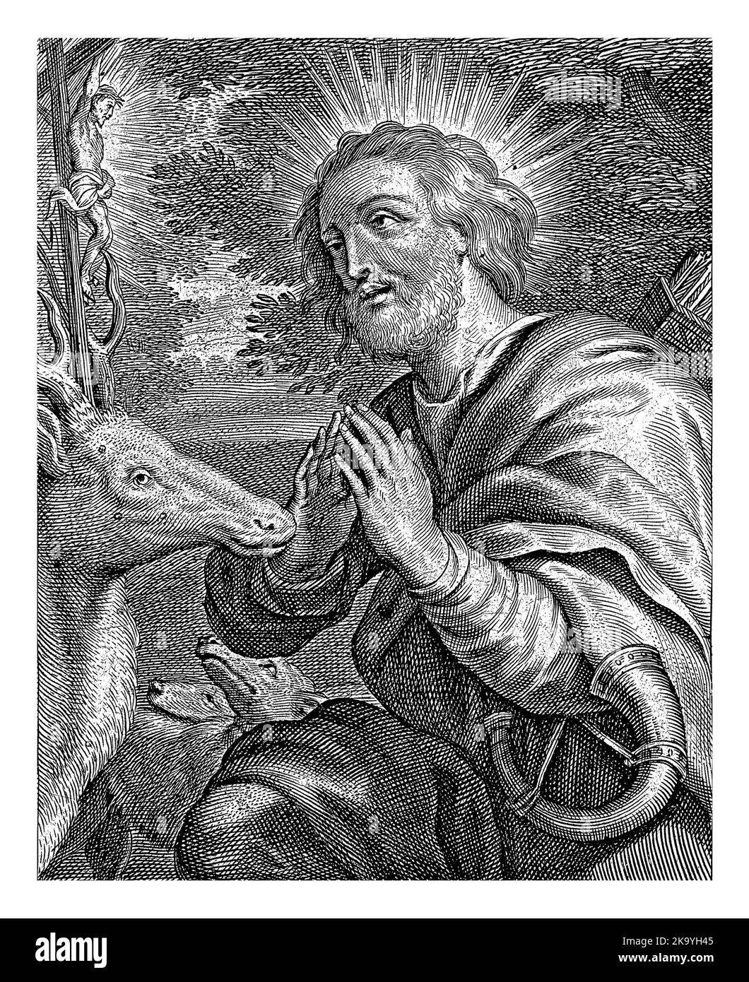 Saint Hubertus kneels before a deer with crucifix Stock Photo - Alamy