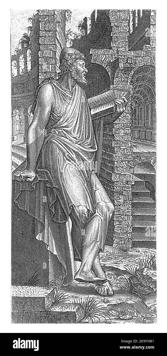 The apostle Matthew standing and leaning against a stone, reading a ...