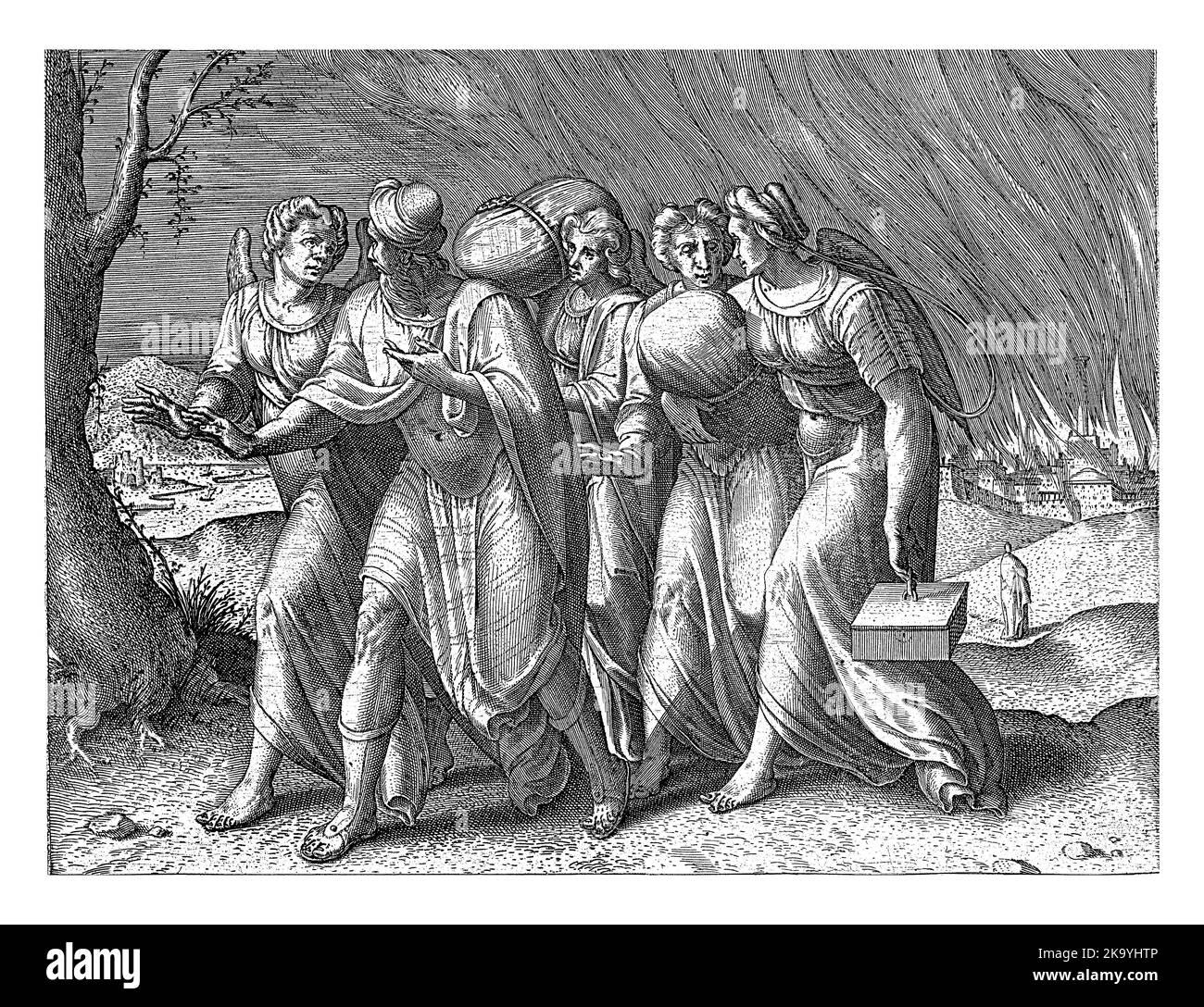 Lot leaves the city of Sodom with his wife and daughters. An angel ...
