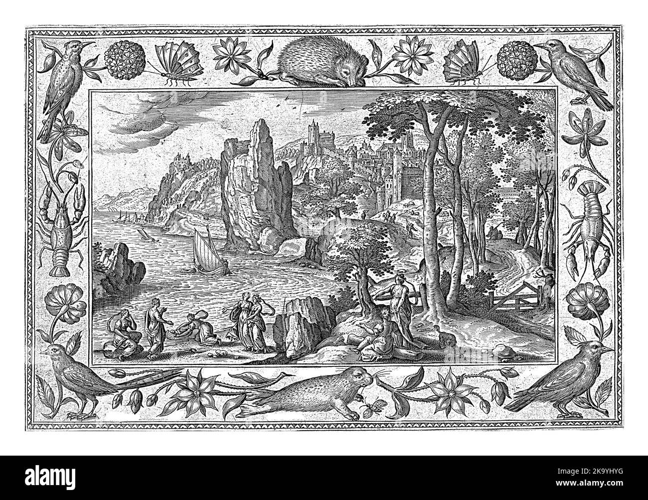 Coastal landscape. In the foreground left, Moses is found by the ...