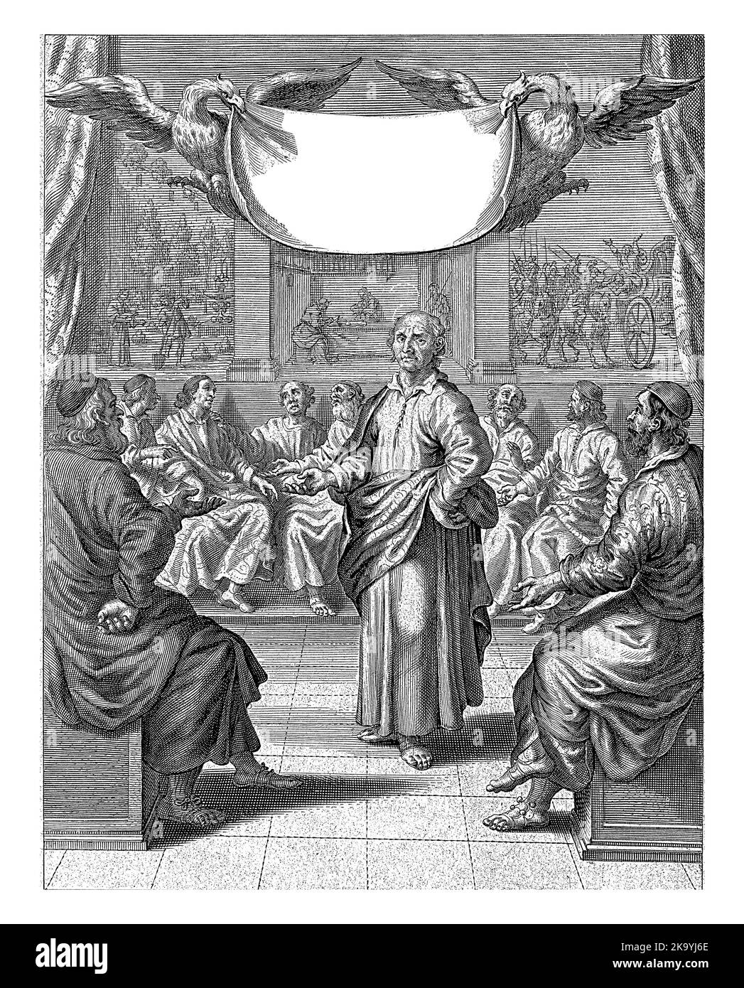 Cicero is speaking in the middle of a room. Around him sit eight ...