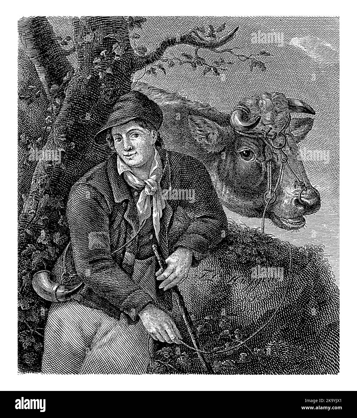 A shepherd standing in front of a tree with a hunting horn and a staff ...