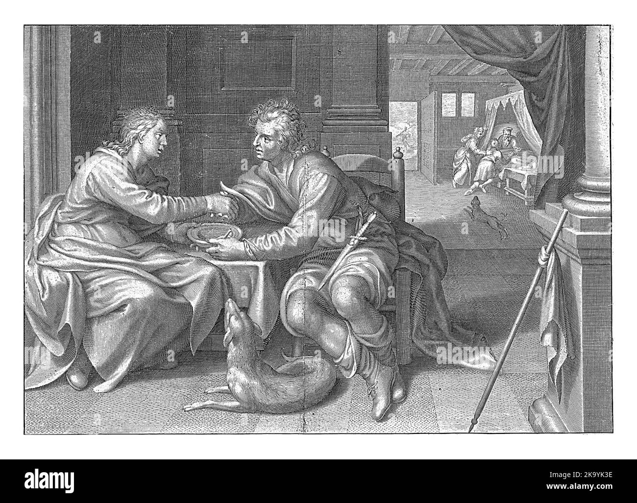 Jacob and Esau sit at the table and shake hands over a bowl of lentils ...