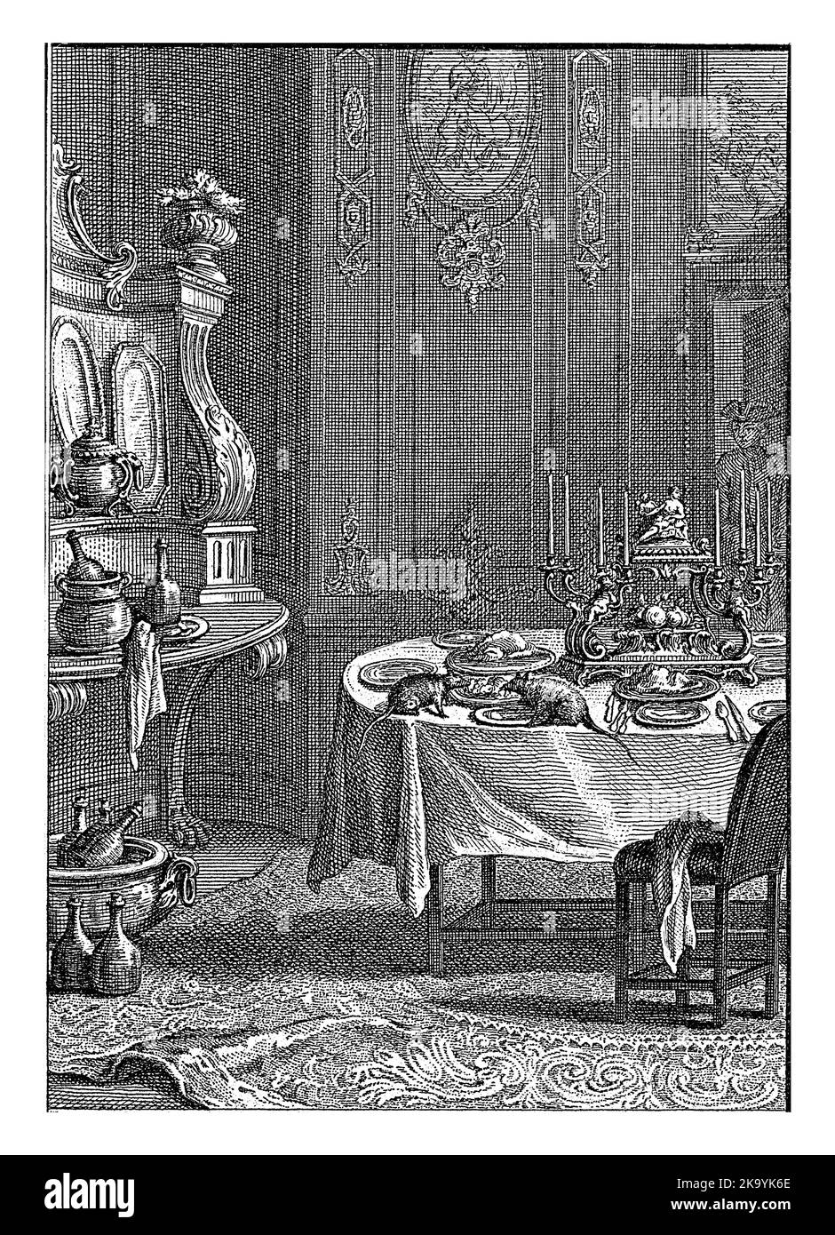 Two rats eat from the same plate on a richly set table in a dining room ...