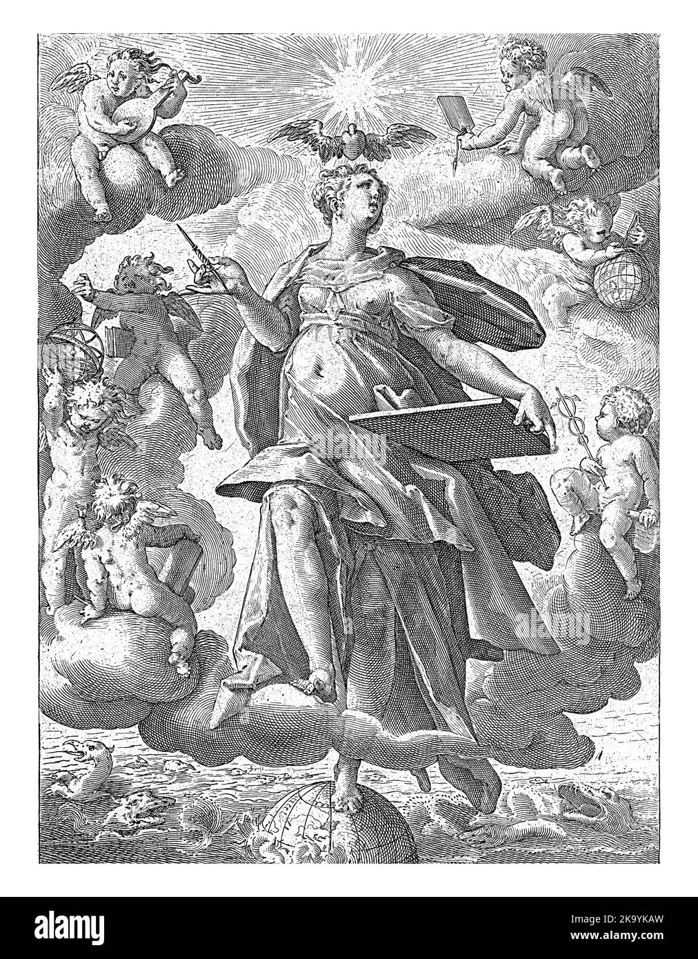 A woman with a pen in one hand and a writing desk or record in the ...