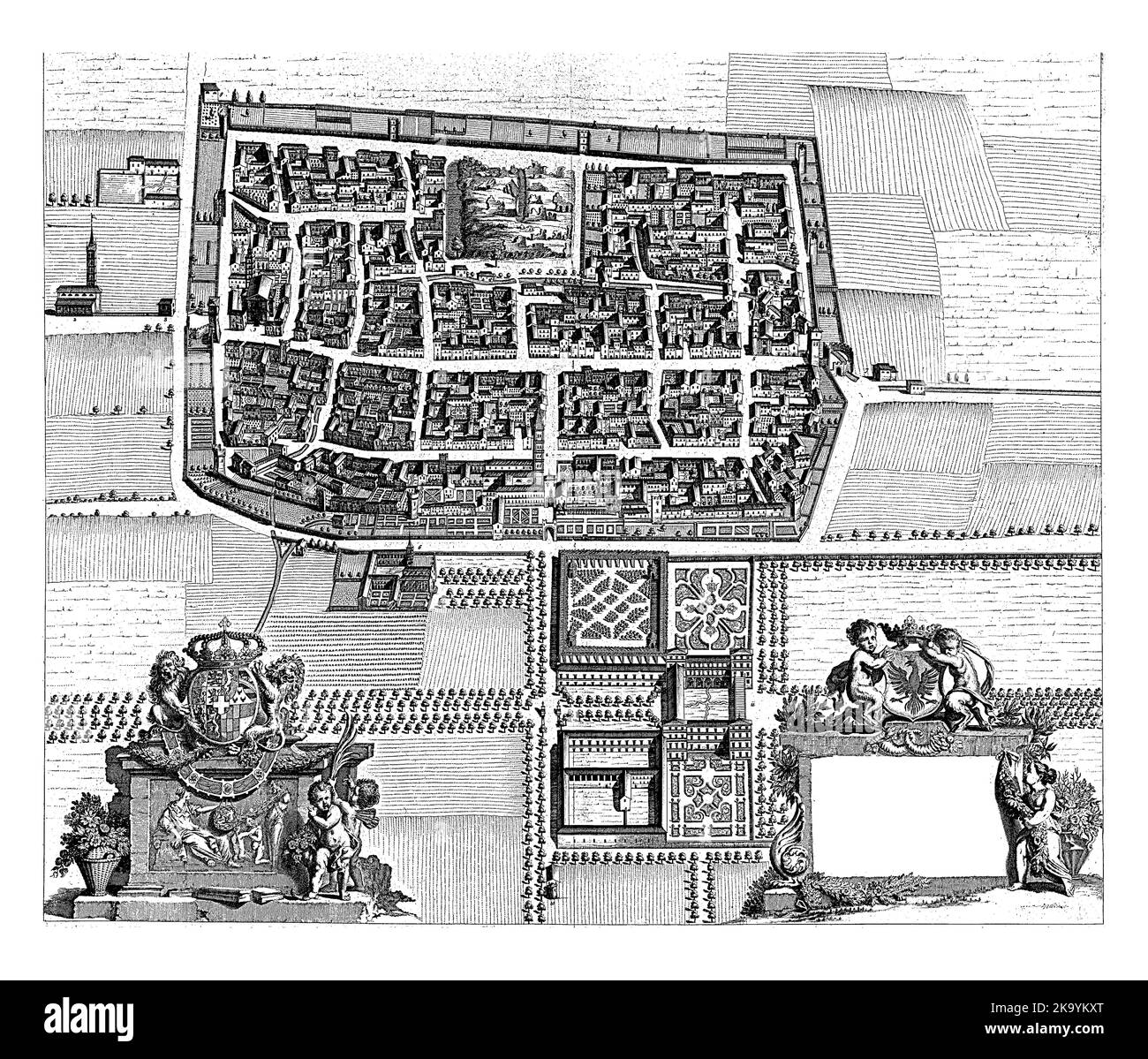 Map of Cirie with buildings in bird's eye view. Bottom left the coat of ...