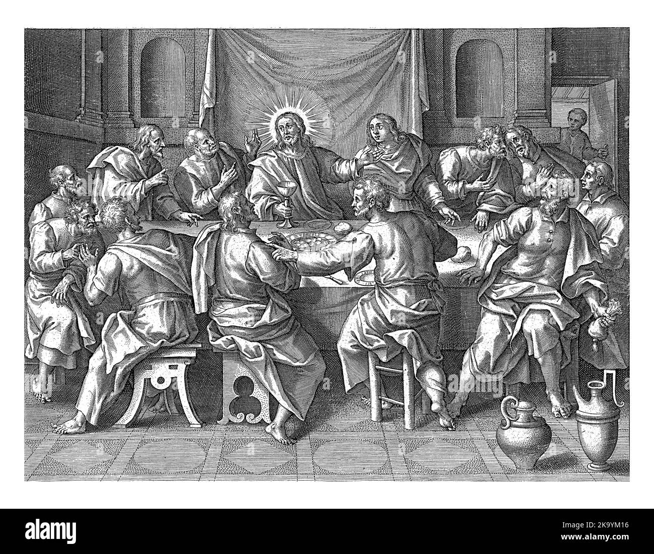 Christ and his disciples around an oval table. Christ holds a cup of ...