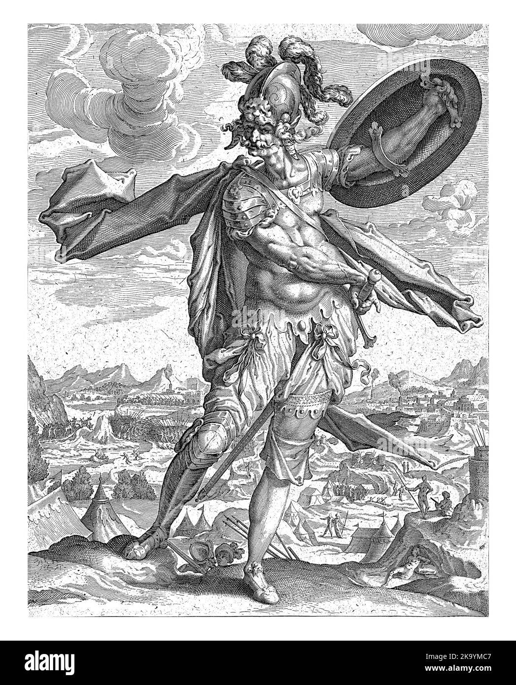 Standing man in armor (Mars) with sword and shield. In the background ...