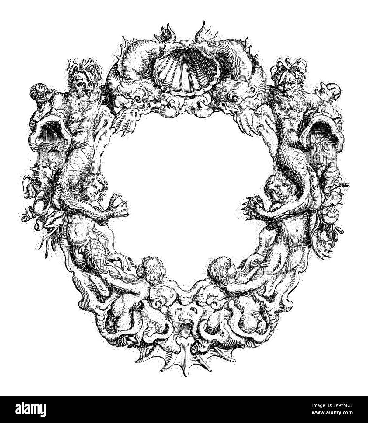 The border decoration on the left and right consists of a triton as a ...