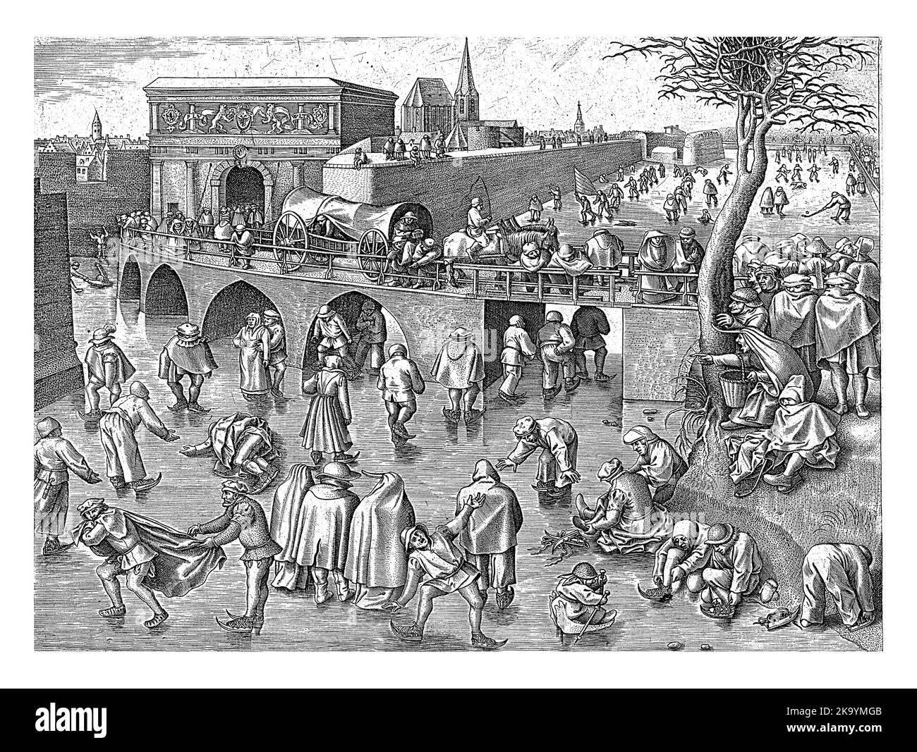 Ice entertainment and skaters on the water around the city of Antwerp ...