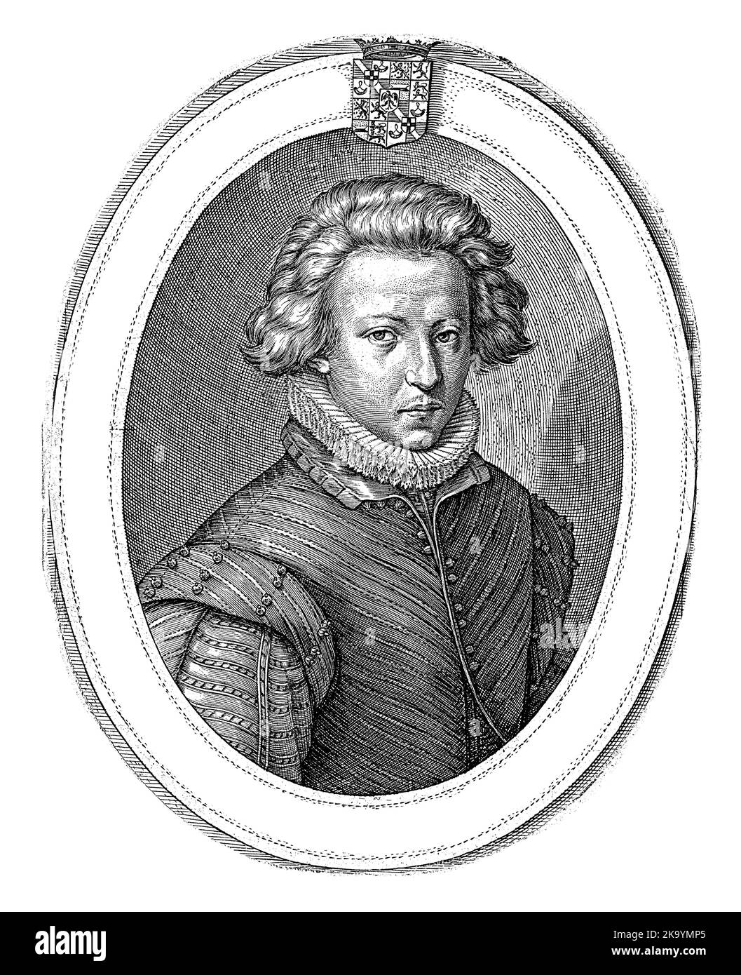 Portrait of Frederik Hendrik in an oval with edge lettering. Top center ...