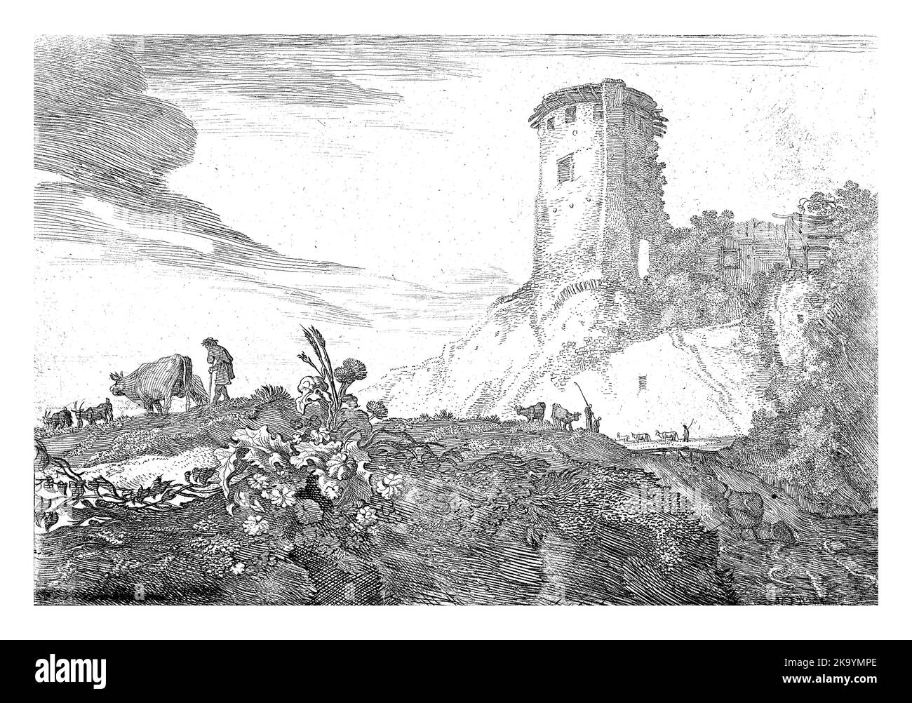 A group of shepherds with a herd of cows and goats pass a large round ...