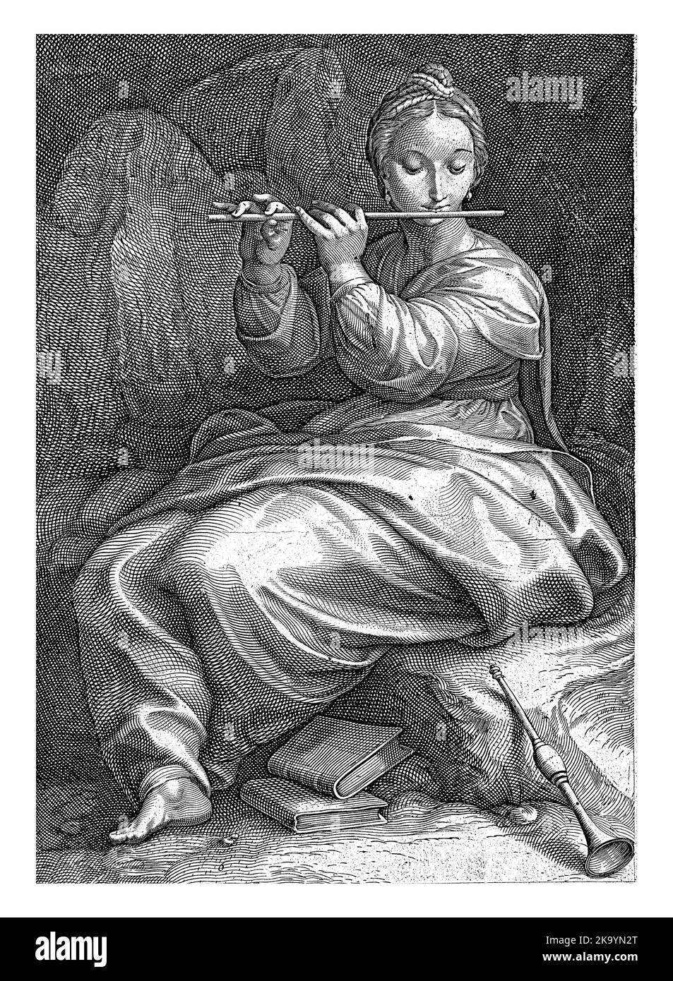 The seated Euterpe, the muse of music and lyricism, plays the flute and ...