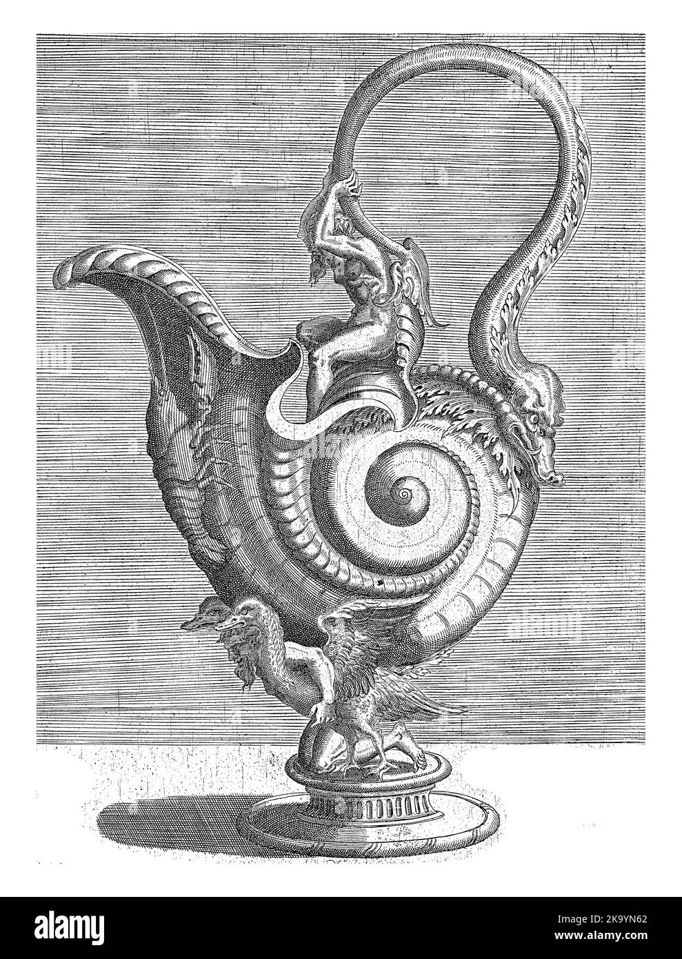 Jug in the shape of a snail's shell, carried by a satyr who is kneeling ...