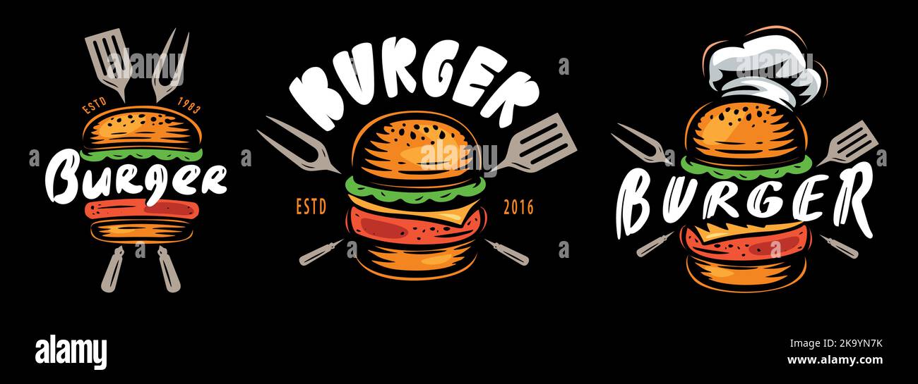 Burger logo. Fast Food emblem. Set of badges, symbols, design elements ...