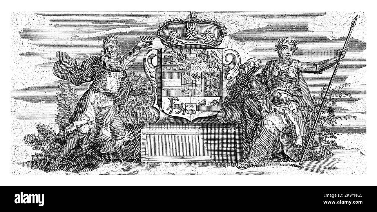 Coat of arms of Johan Willem Friso with a crown. Two allegorical ...