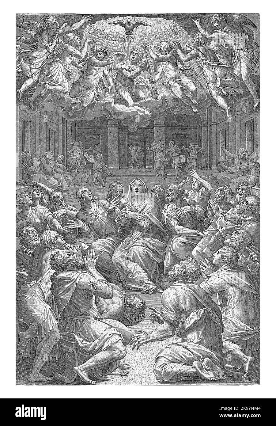 Mary and the apostles sit in a circle in a temple. Through a round ...