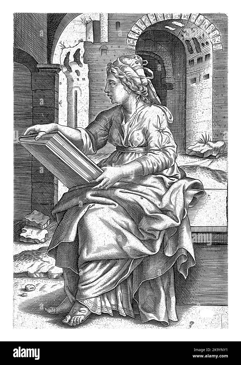 The Sibyl of Cumae sitting to the left with a book in her hands. In the ...