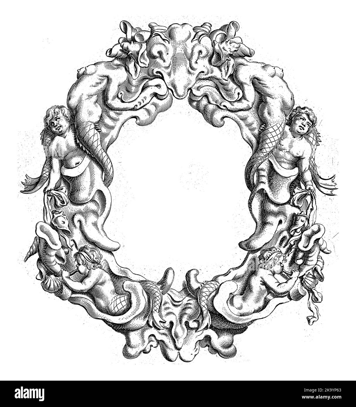 Both bottom right and bottom left a sea god blowing on a shell Stock ...