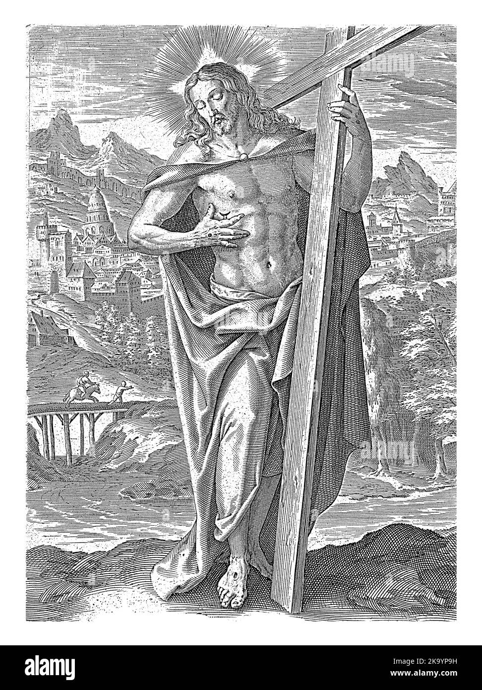 Landscape with Christ, Antonie Wierix (II), after Maerten de Vos, 1601 - 1652 Christ stands next ...