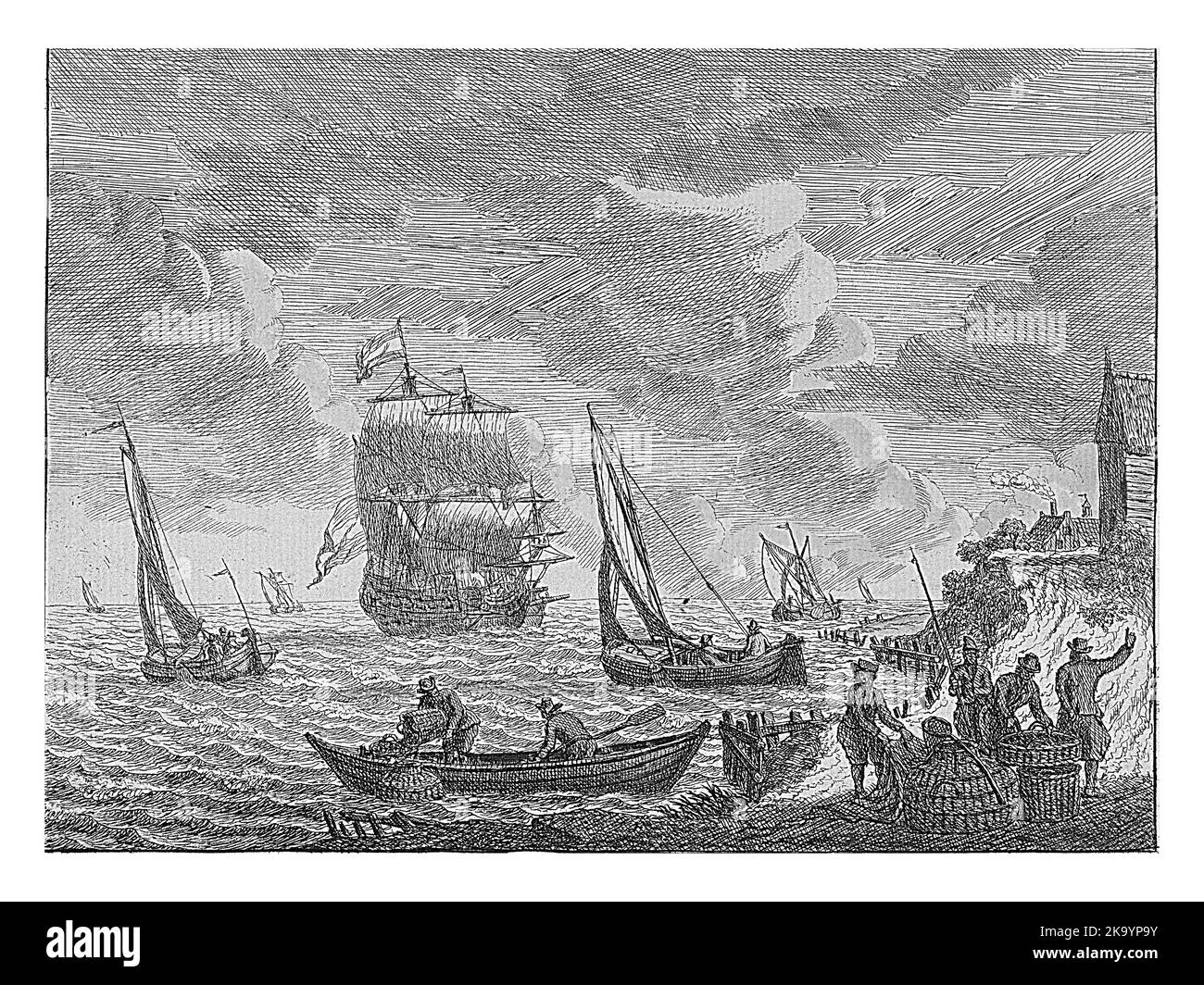 A large sailing ship lies on a calm sea off the coast. Fishing boats ...