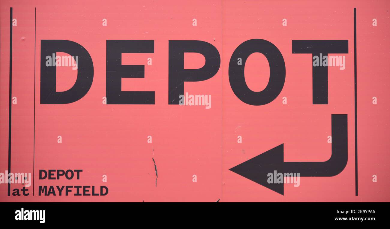 Sign for Depot Mayfield, a venue in Manchester’s former railway station ...