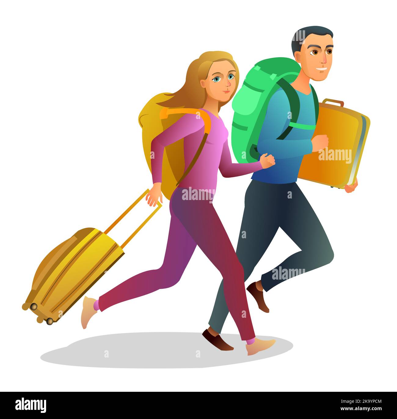Tourists with backpacks and suitcases. Runs late. Boy and girl or husband and wife. Isolated on ...