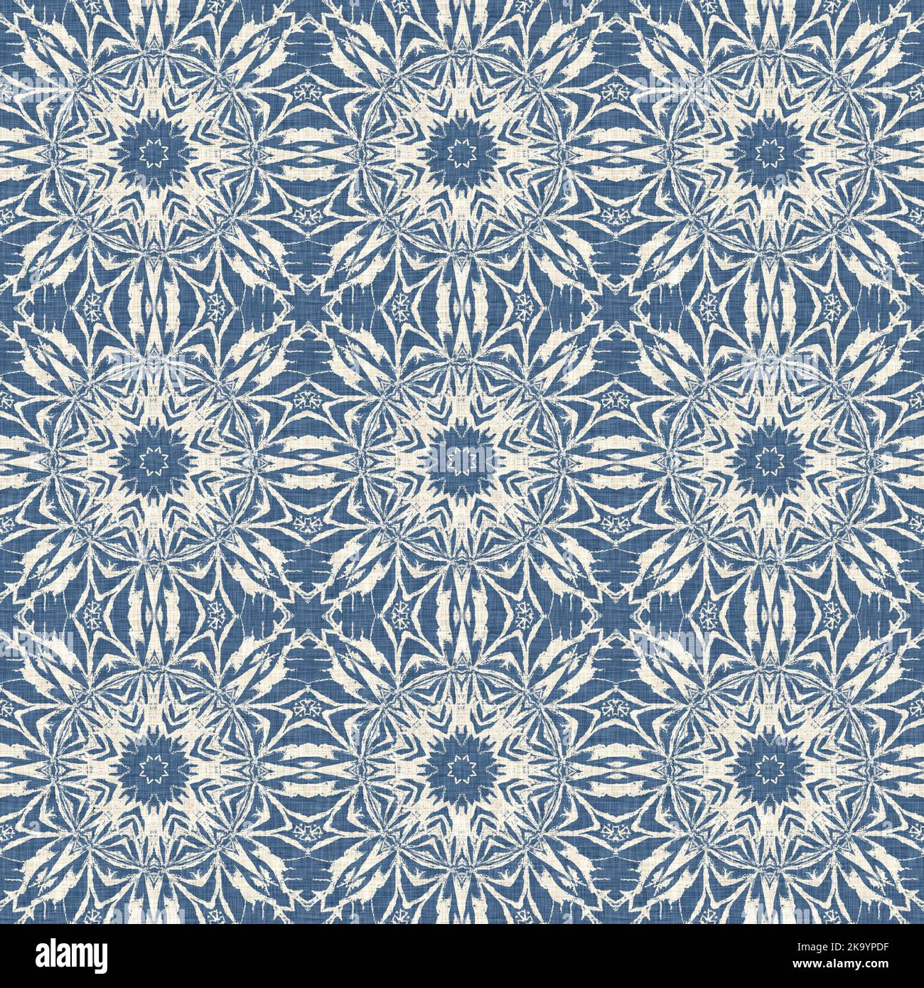 Farmhouse blue snow flake pattern background. Frosty batik damask ...
