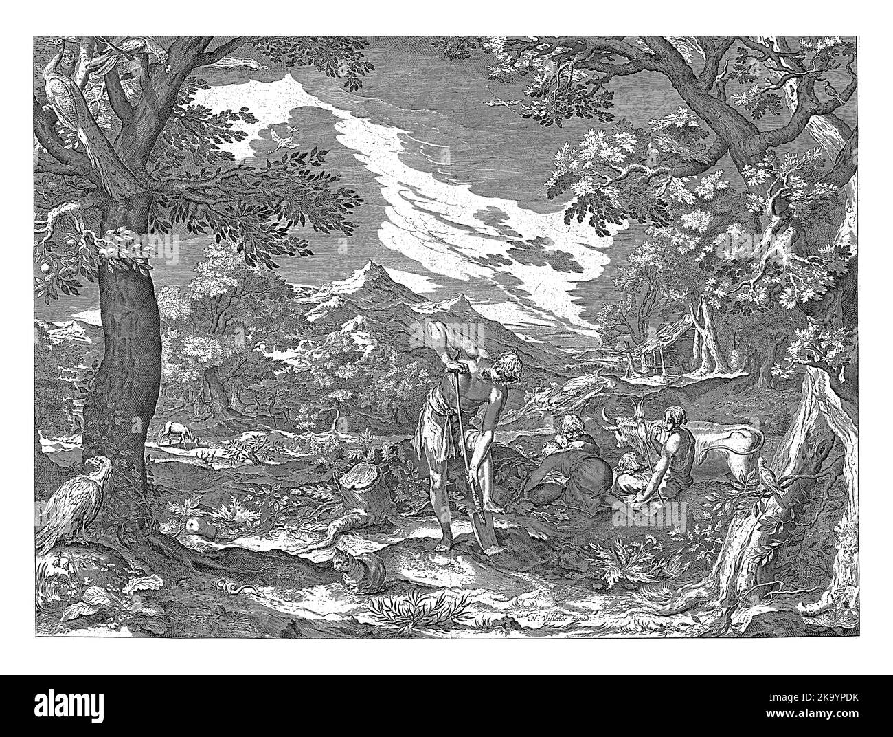 Adam and Eve at work outside paradise, anonymous, after Jan Saenredam, after Abraham Bloemaert ...