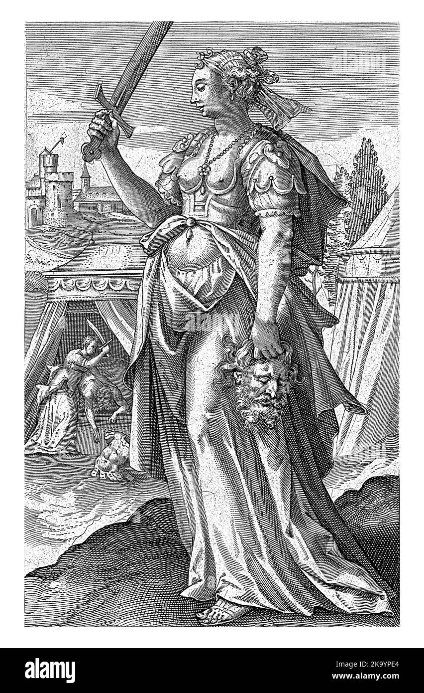 In the foreground Judith, a sword in one hand and the head of ...