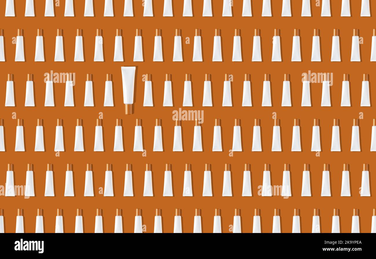 Creative seamless pattern of white cosmetic tubes on orange background ...