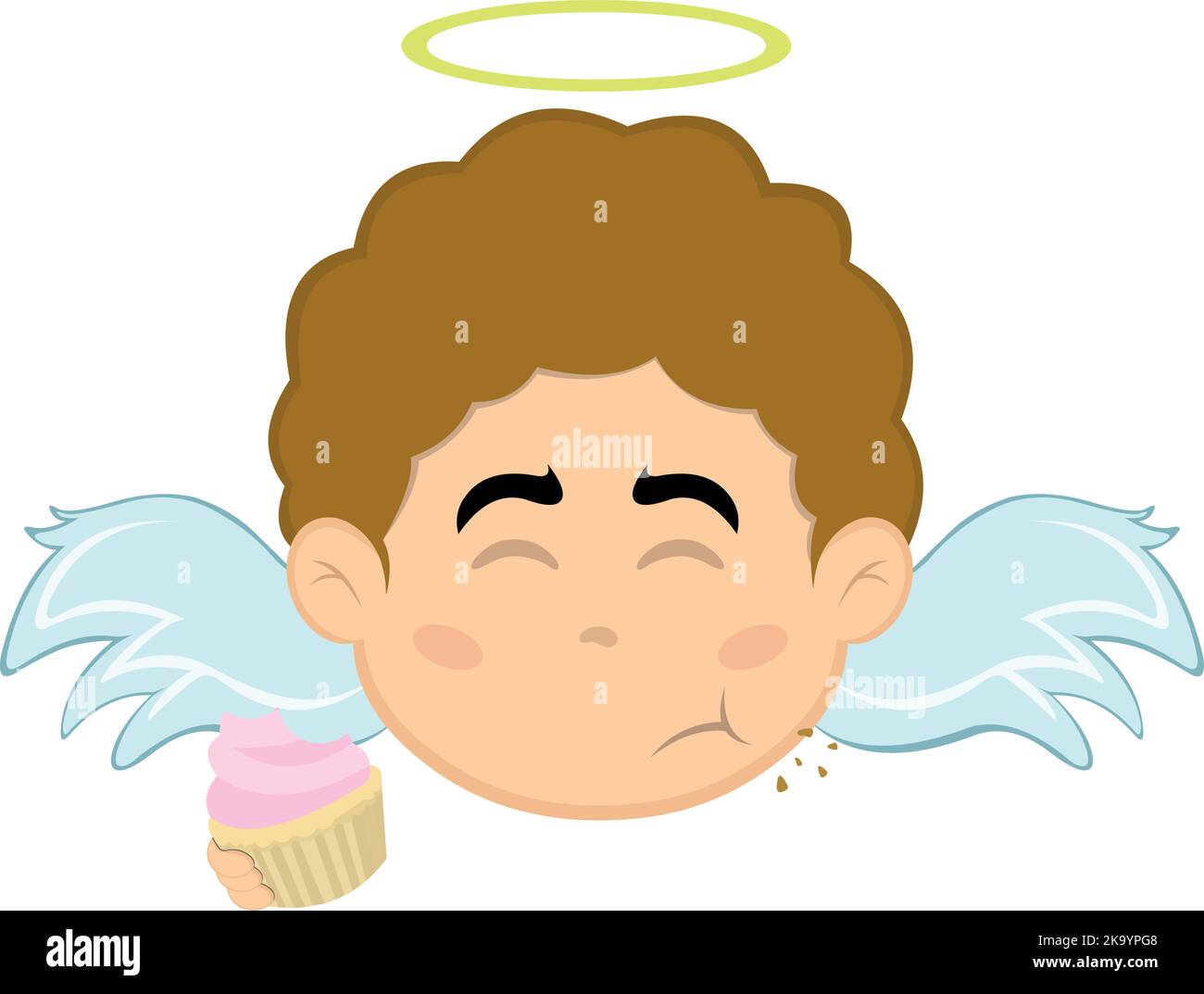 Vector illustration of the face of a cartoon angel boy eating a cupcake ...