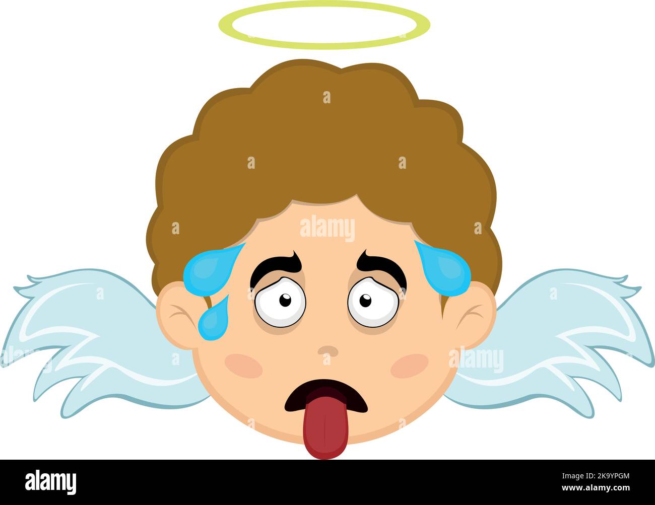 Vector illustration of the face of an exhausted cartoon angel, with his ...