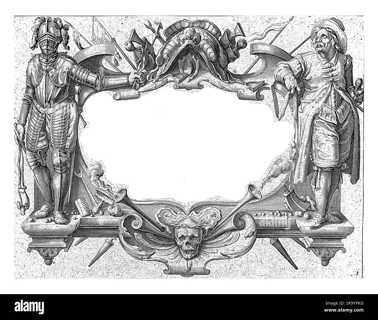 A Latin text in a cartouche. To the left a figure in armor (a horseman ...