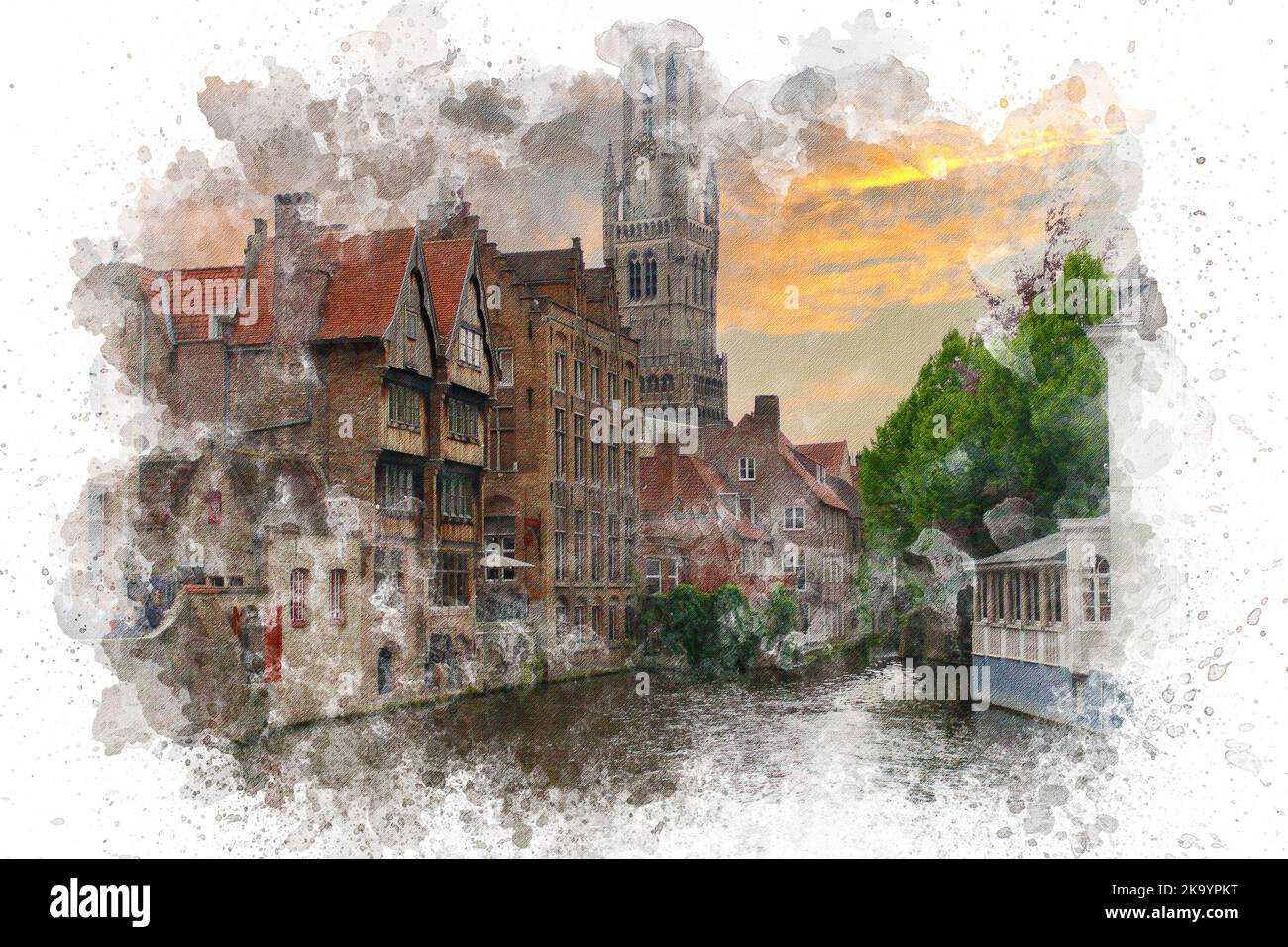 Bruges cityscape watercolor illustration painting on canvas frame ...