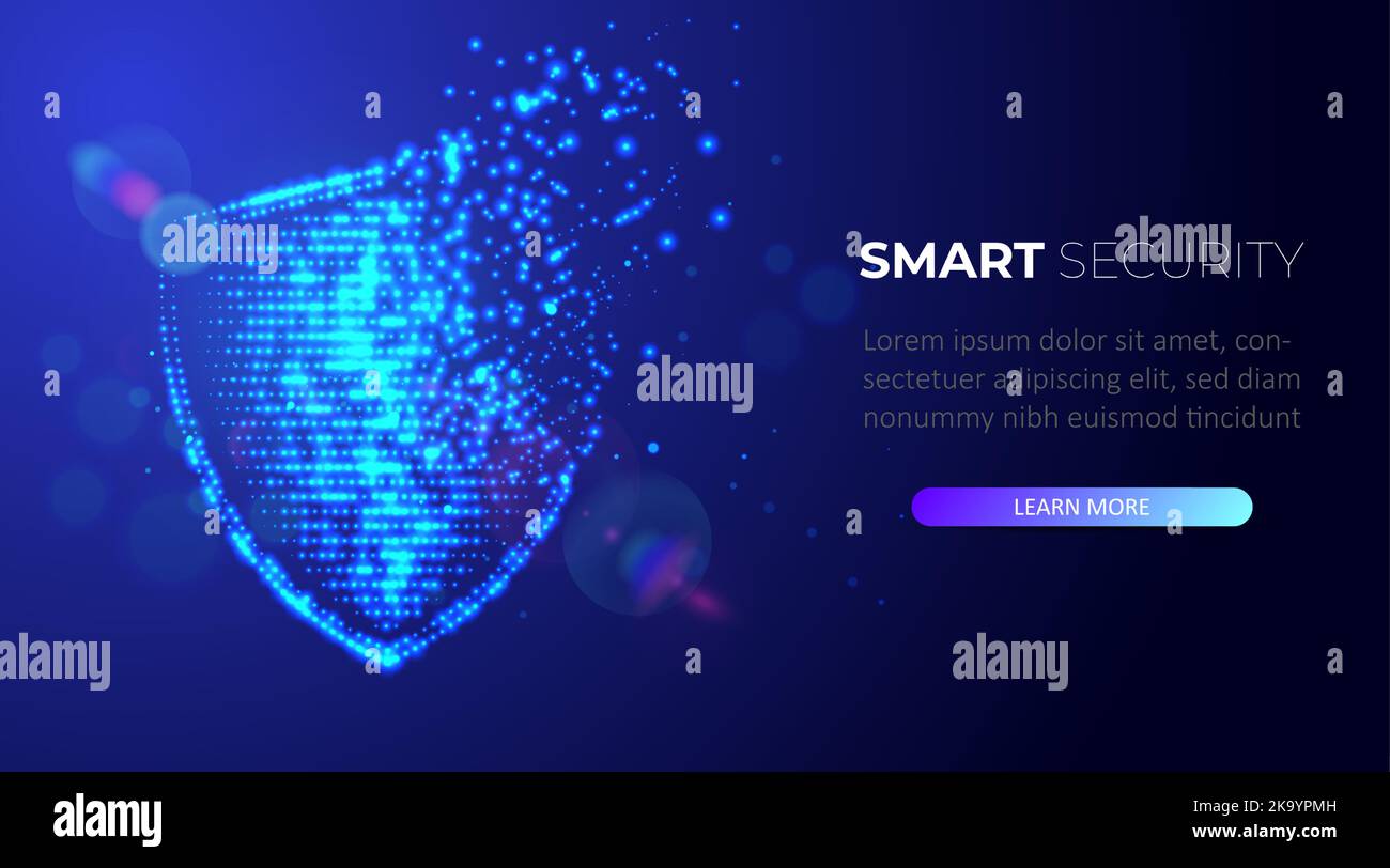 Digital shield formed from points of light. Blue glowing particle ...