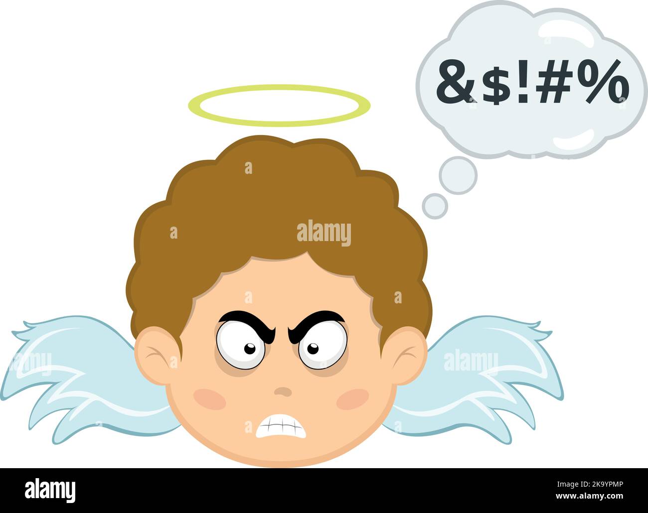 Vector illustration of the face of a cartoon angel boy with an angry ...