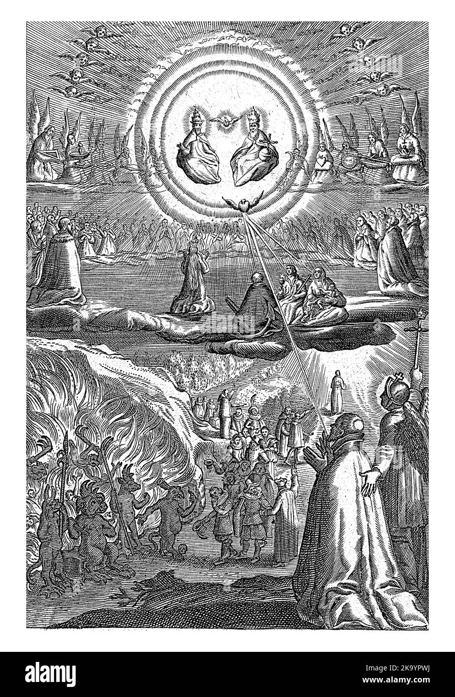 An angel shows a kneeling man two options. By living in virtue he can ...