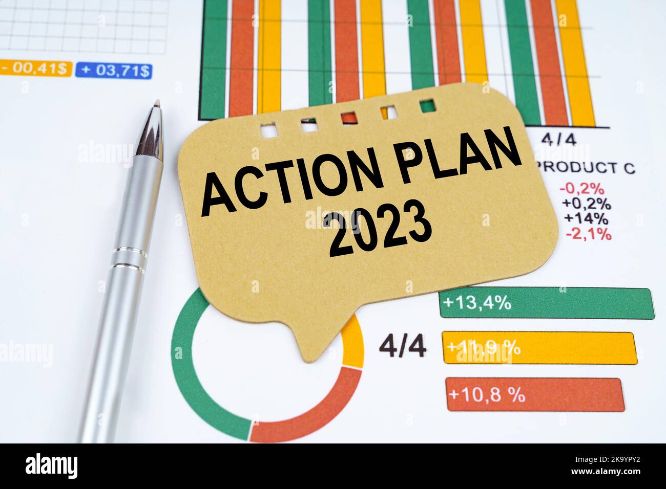 Business concept. On the business charts is a pen and a sign with the ...