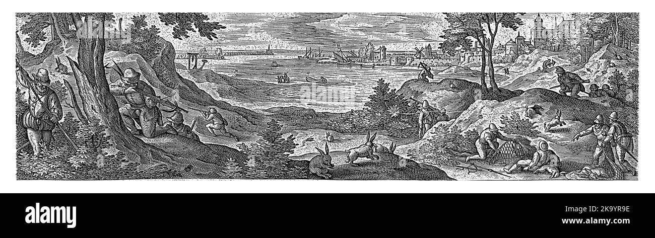 Hunting rabbits with guns and traps. The print has a Latin caption and ...
