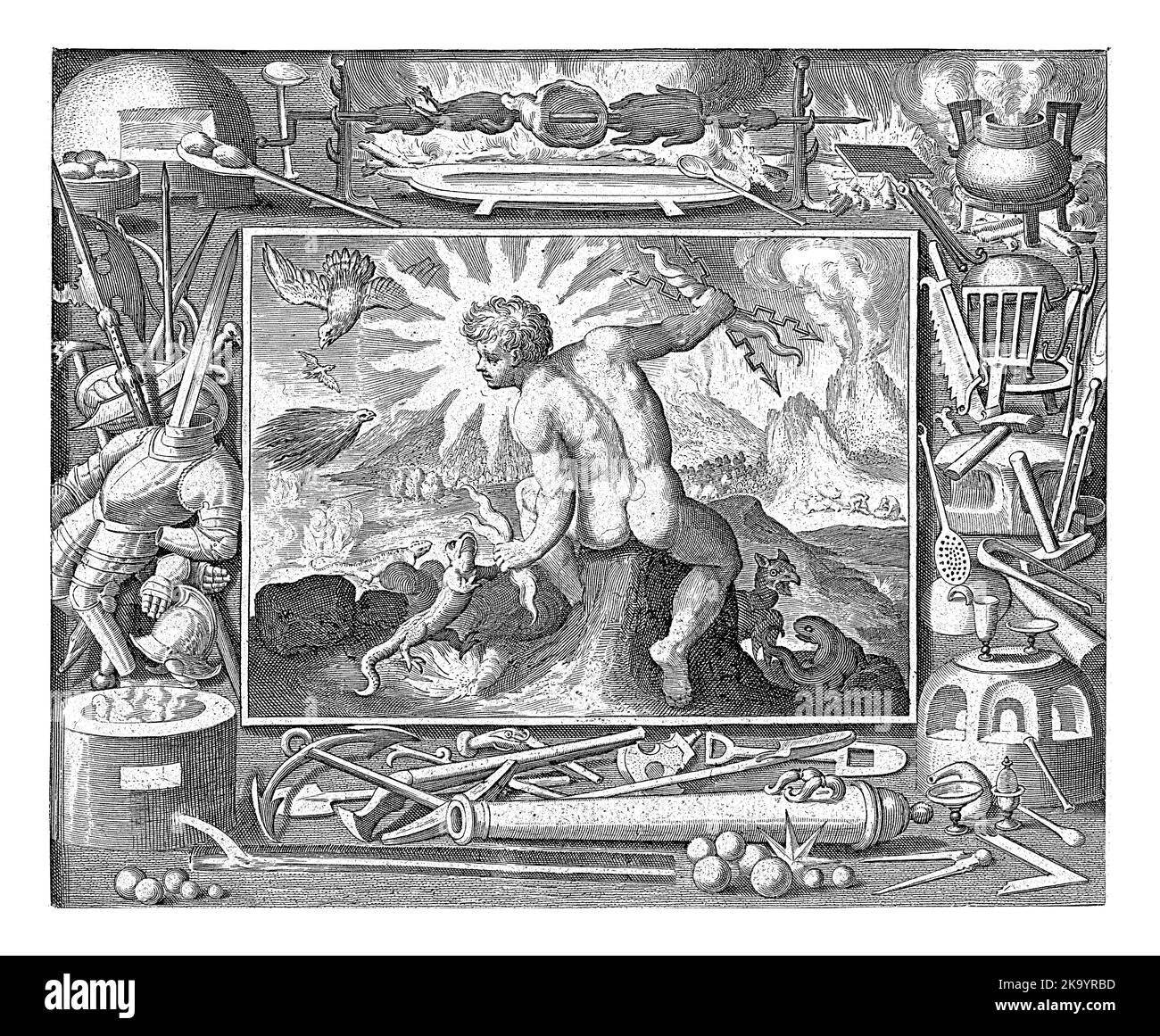 Element of fire seen as a young man sitting on his back, lightning ...