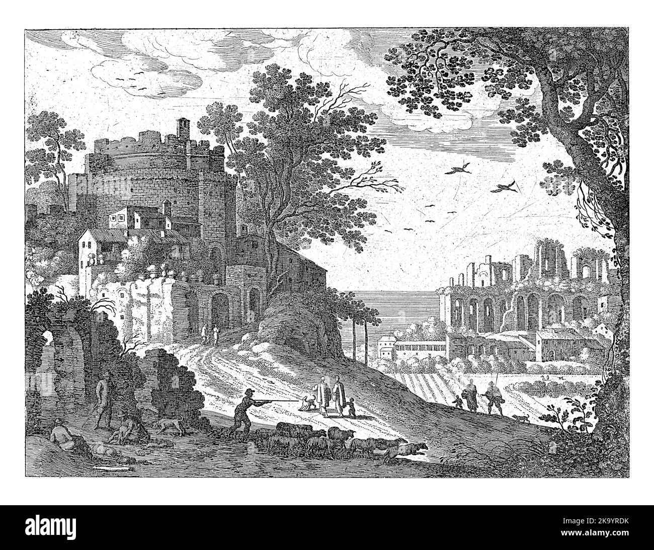 In an Italian landscape, several buildings are located on the right of ...