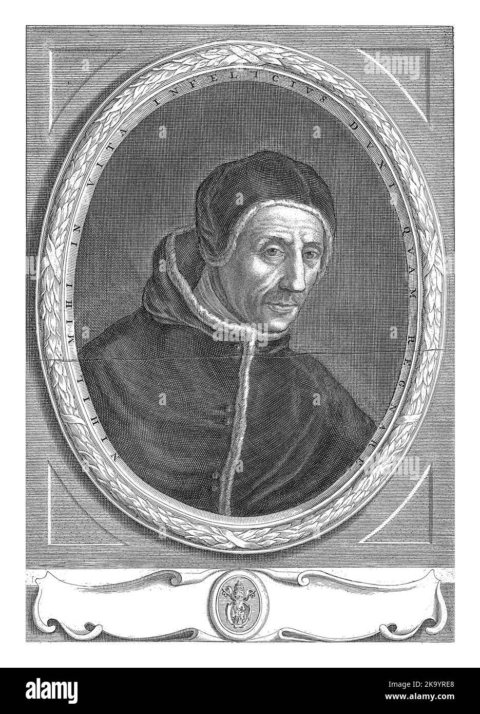 Portrait of Pope Adrian VI in oval, framed with palm leaves and Latin ...